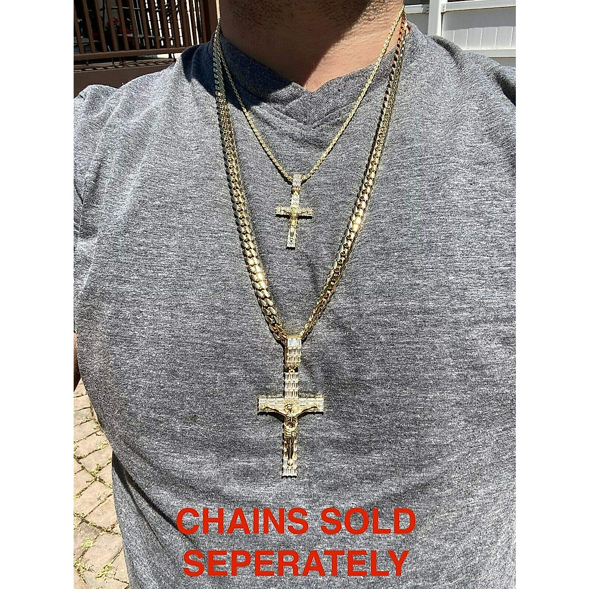 HarlemBling Real 925 Sterling Silver - 14k Gold Finish - Iced Baguette Cross W. Jesus Pendant - 3 Sizes Great For Any Necklace 1-2.5" (Medium 1.5")