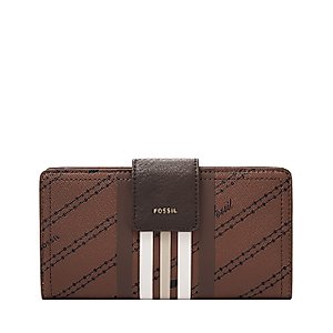 Fossil Women's Logan Faux Leather Wallet RFID Blocking Tab Clutch, Brown/Black Signature Print (Model: SL7827199)
