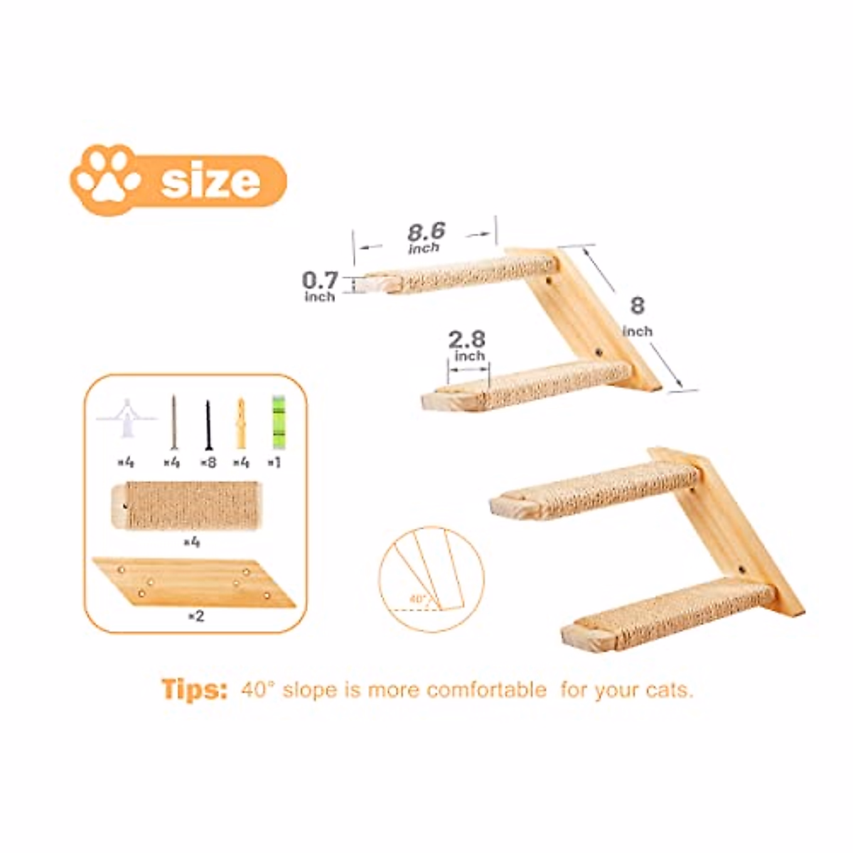 Cat Climbing Stair Shelf Wall Mounted Reversible Left & Right Direction, Cat Stairway Shelf for Climbing with Sisal Rope Ladder Cat Wall Furniture