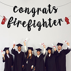 Congrats Firefighter Banner, Class of 2024/Congrats Grad, Fire Department Graduation Party Decoration Supplies for Fireman, Black Glitter