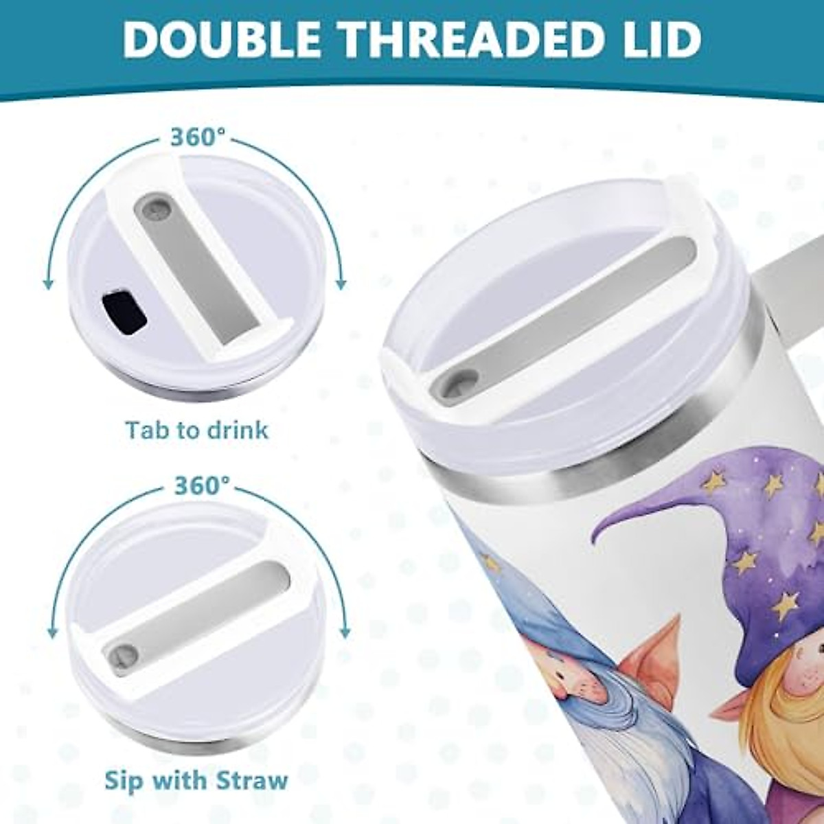 Jihqo Cute Dreamy Gnomes 40 oz Stainless Steel Vacuum Insulated Tumbler with Handle and Straw Lid Reusable Leakproof Water Bottle Double Wall Travel Mug Coffee Cup, Cupholder Friendly