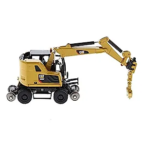 1:87 Caterpillar M323F Railroad Wheeled Excavator - Cat Yellow Version - (HO) High Line Series Model by Diecast Masters - 85656 - with Bucket, Ballast Tamper, and Rail Clamshell Bucket Attachments