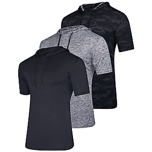 3 Pack: Mens Dry Fit Moisture Wicking Short Sleeve Active Athletic Hoodie Pullover Sweatshirt Workout Running Fitness Gym Sports Casual Tee Outdoor Summer Hiking Beach Outfit- Set 5, M