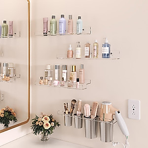 Hongtamoy 4-Tier Acrylic Hair Tool Organizer, 15'' Floating Clear Hair Dryer Holder, Multifunctional Storage, DIY Bathroom Storage Display Shelf Wall Mounted for Makeup/Skincare/Perfume