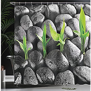 Ambesonne Plant Shower Curtain, Basalt Stones with Bamboo Leaves Sticking Water Droplets Harmony of Nature, Cloth Fabric Bathroom Decor Set with Hooks, 69" W x 75" L, Dark Taupe Lime Green