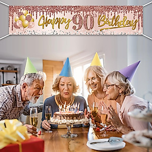 Excelloon 90th Birthday Banner Decorations for Women, Pink Rose Gold Happy 90 Birthday Yard Banner Party Supplies, 90 Year Old Bday Background Sign for Outdoor Indoor
