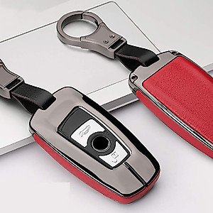 ontto for BMW Key fob Cover with Keychain Metal Zinc Alloy Keycase Leather Key Skin Fit for BMW 1 3 4 5 6 Series Red(1keycover&1keychain)