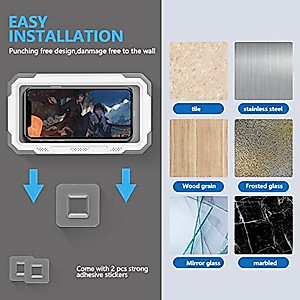 E-BAYKER Shower Phone Holder, Waterproof Universal Shower Phone Case Phone Stand Wall Mount Bathroom Glass Mirror Bathtub Kitchen for iPhone 14 13 12 11 Pro Max up to 6.8" Any Cell Phone - White