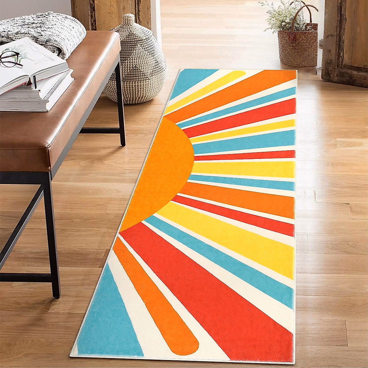 GarveeHome Extra Long Hallway Runner Rug 3x8 Washable Runner Rug Colorful Sunrise Nursery Rug Boho Retro Runner Carpet Non-Slip Throw Floor Covers Rainbow Kids Rug for Living Room Bedroom, Multi