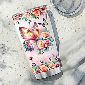 JENOIS Lady Mom Butterfly, Mothers Funny Coffee Floral Day Flower Handle Tumblers Mama Cups Mother For Women Insulated, Tumbler 20 Oz With Lid And Straw, Mom Gifts