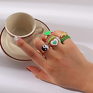 Y2K Resin Rings Colorful for Women Teen Girls,Chunky Rings Ying Yang Trendy Smiley Face Flower Heart Enamel Rings,Aesthetic Statement Stackable Ring Set Rings Jewelry (GREEN)
