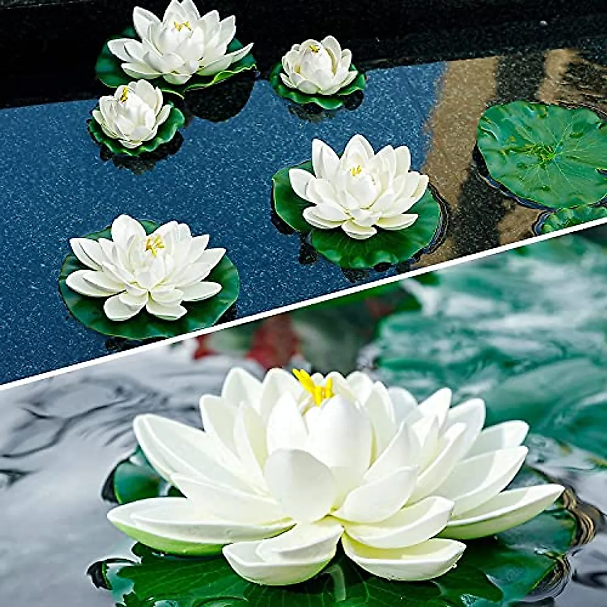16Pcs Artificial Floating Pool Flowers, Ivory White Plastic Lotus Flower with Water Lily Pads, Pond Pool Lotus Ornaments for Patio Garden Aquarium Home Party Wedding Decor