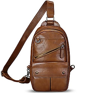 FEIGITOR Genuine Leather Sling Bag for Men Sling Backpack Handmade Retro Crossbody Purse Hiking Daypack Chest Shoulder Fanny Pack (Brown)