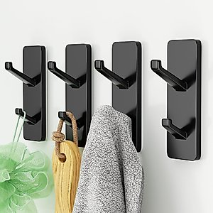 Self Adhesive Wall Hooks for Hanging: Stick-On Hooks Hold 13 LB, Black Coat Hook,Towel Hooks For Bathrooms,Shower Hooks for Wall,Door Hooks Hanging Towel, Kitchen Hook,Metal hooks for hanging,4 Pack