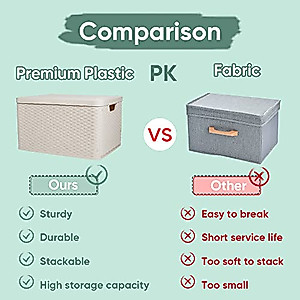 Kestbon Folding Plastic Storage Bins with Lids, Large Stackable Storage Bins, Sturdy Storage Containers for Organizing, Storage Box for Clothes, Blankets, Towels, Books, Toys, Etc, (2Pcs Beige)