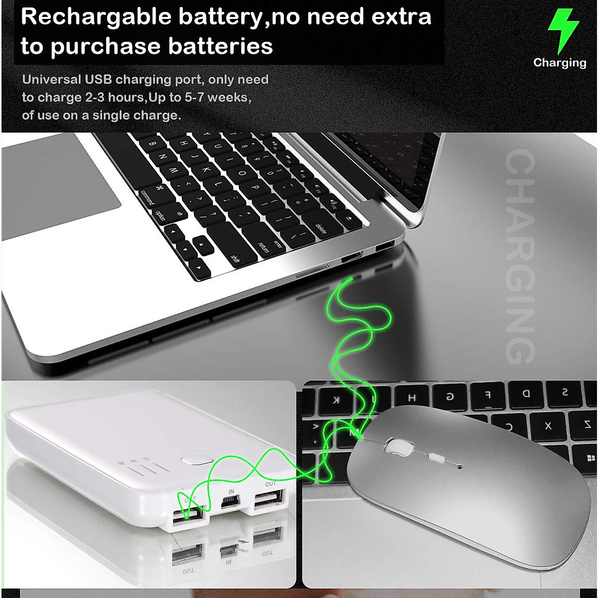 SUNGI Bluetooth Mouse, Rechargeable Wireless Mouse Dual Mode(Bluetooth 5.2+USB),Silent Slim with Adjustable DPI Computer mice for MacBook,Laptop,Tablet,PC,iPad Pro,iPad Air,OS Android,Windows(Silver)