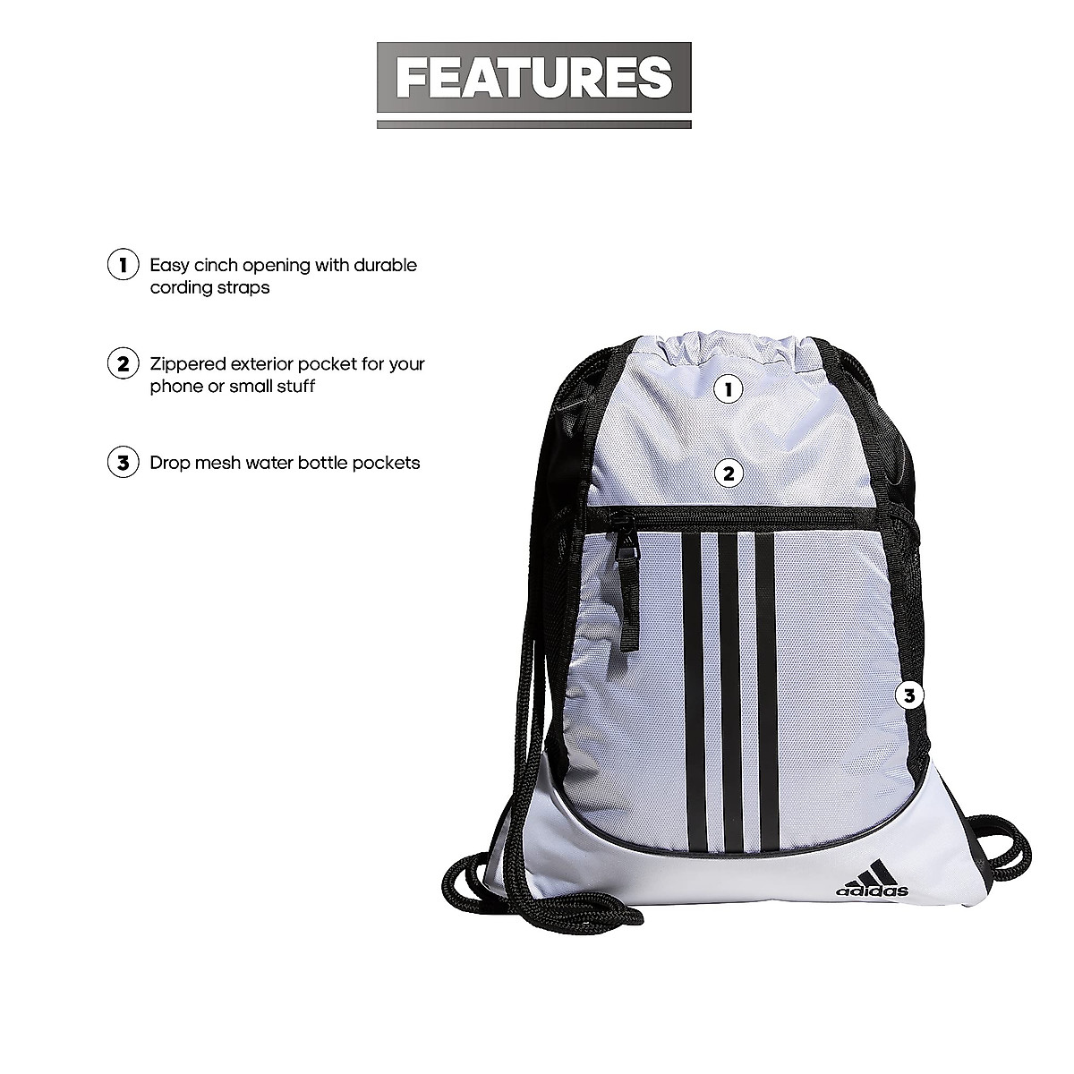 adidas Alliance Sackpack, Drawstring, Lightweight Small Gym Bag for Women, Soccer Backpack, White/Black/Black, One Size