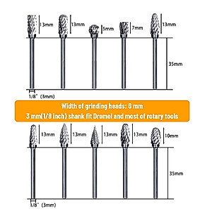 Double Cut Tungsten Carbide Carving Bits for Rotary Tool, 10 Pcs Rotary Burr Set with 1/8 inch Shank and 1/4 inch Grinding Head for DIY, Woodworking, Engraving, Metal Carving, Drilling, Polishing