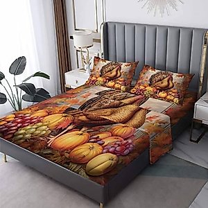 Full Size Sheet Sets - Thanksgiving Bed Sheets, Turkey Pumpkin Grape Bedding Sheets & Pillowcases, Soft Microfiber & Deep Pocket & Wrinkle Free Sheet Set, 1 Fitted Sheet, 1 Flat Sheet, 2 Pillow Cases