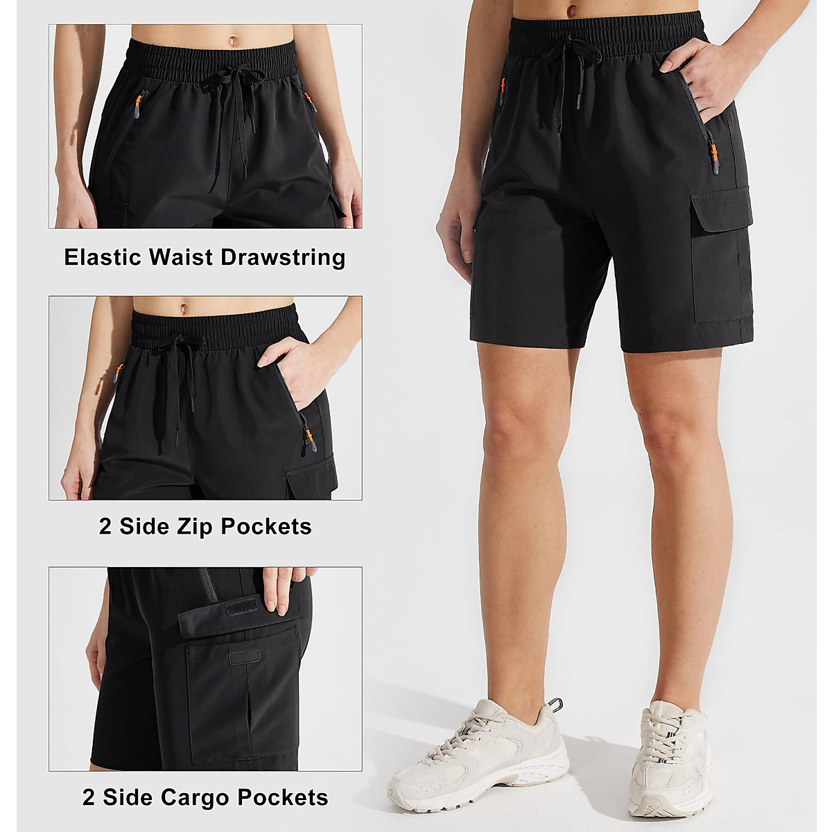 MASKERT Women's Hiking Cargo Shorts Quick Dry Athletic Golf Shorts 7 Inches Lightweight Running Summer Shorts with Zipper Pockets, Black XL