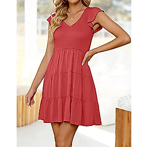 ZESICA Womens 2023 Summer Casual V Neck Flutter Sleeve Bohemian Ruffle Smocked A Line Swing Mini Dress,Watermelon,Small
