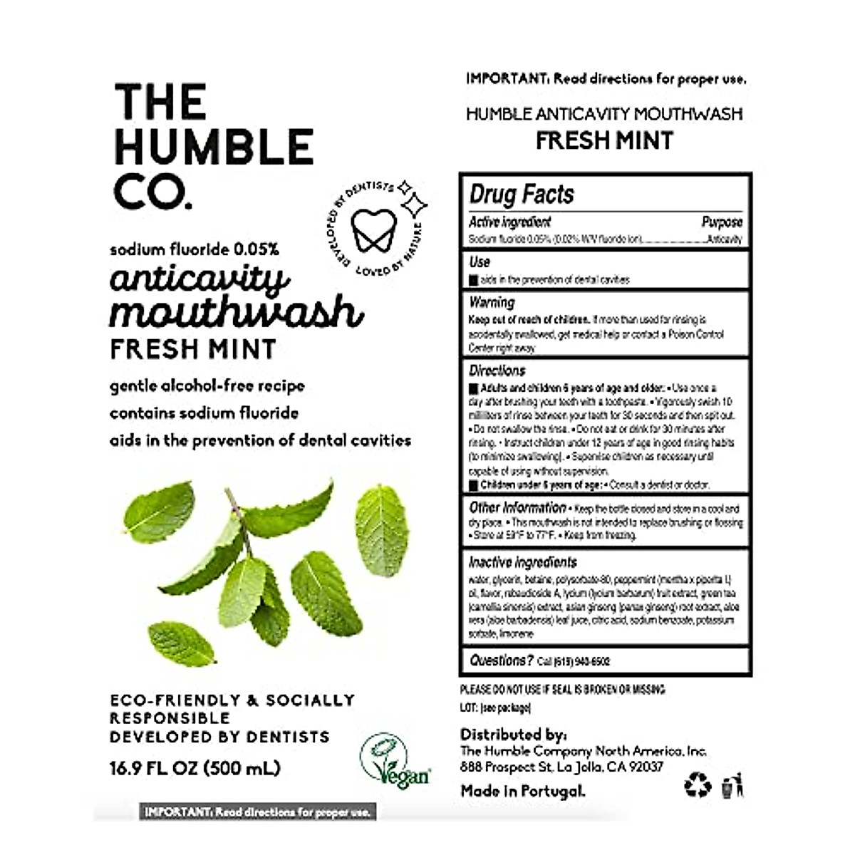 The Humble Co. Anticavity Mouthwash 2pk – Alcohol Free Mouthwash for Oral Care, Gum Health, and Cavity Prevention, Vegan Cruelty Free and Non-Toxic Natural Mouthwash (Mint, 16.9 oz)