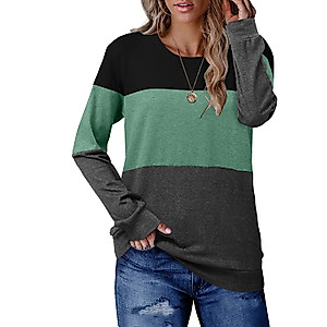 CRAZY GRID Women Casual Tops Loose Color Block Comfy Long Sleeve T Shirt Pullover Sweatshirts Black Green Small