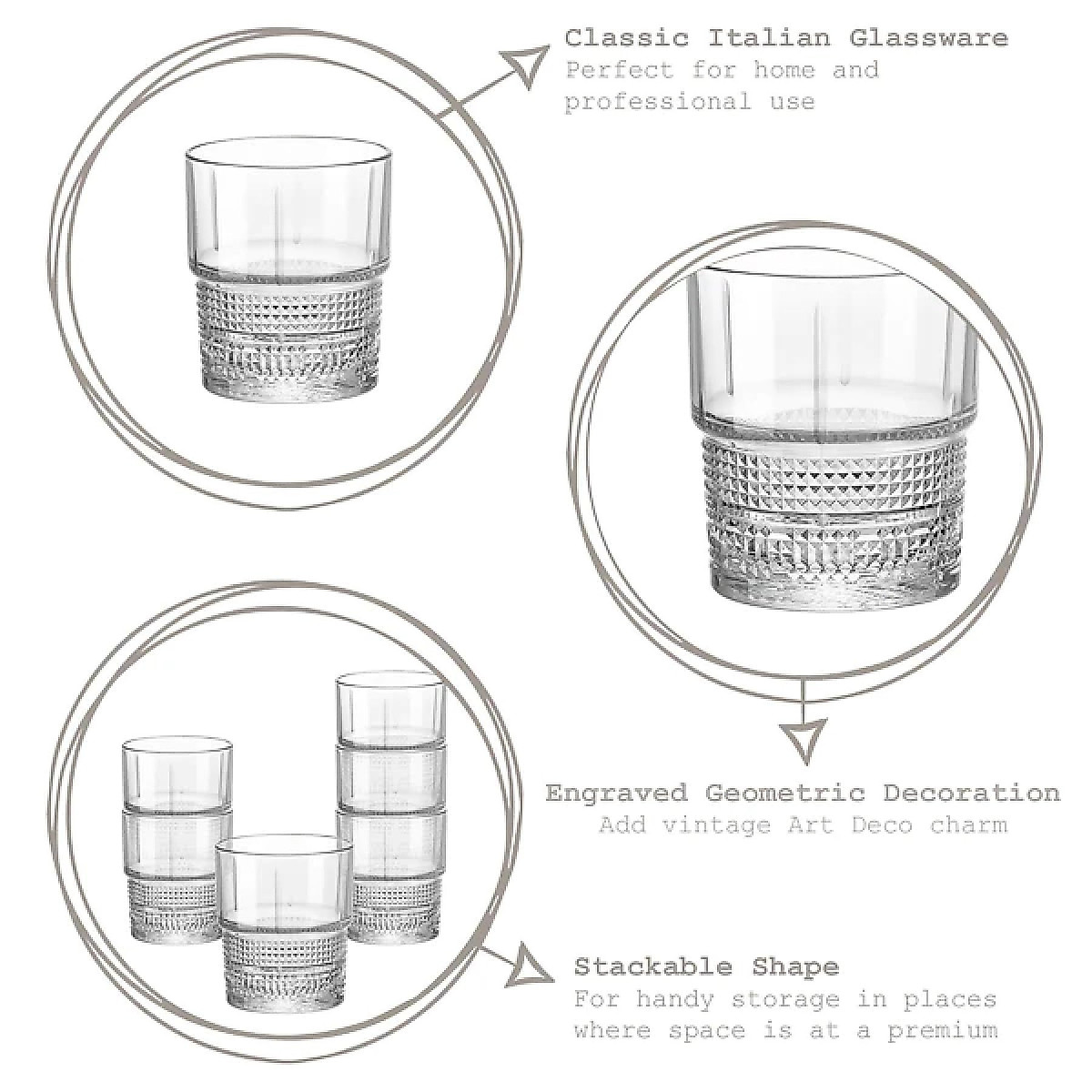 Bormioli Rocco Novecento Barware DOF Glass, Stackable, Set Of 4, 12.5 oz, Clear, Vintage Design, Made In Italy.