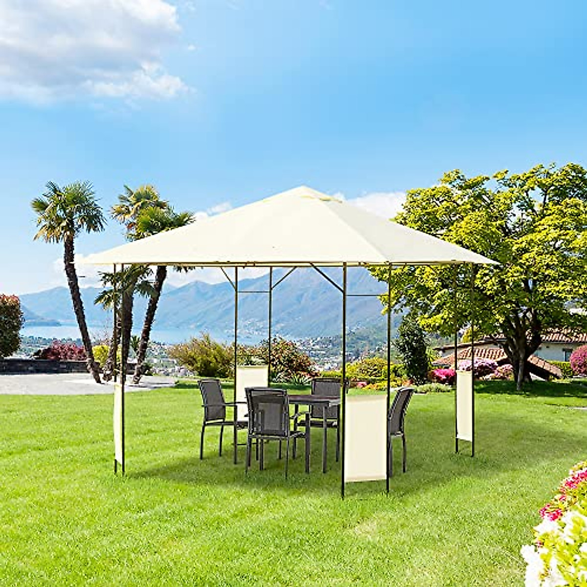 Outsunny 10' x 10' Patio Gazebo, Outdoor Gazebo Modern Canopy Shelter with Vents Roof and Steel Decorative Columns, for Garden, Lawn, Backyard and Deck