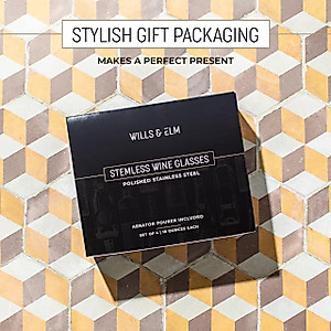 Wills and Elm Black Wine Glasses - Stemless Stainless Steel Wine Glasses Set of 4 with Aerator - Metal Wine Glass - Stainless Steel Wine Glass - Unbreakable Wine Glasses - Outdoor Wine Glasses - 18oz