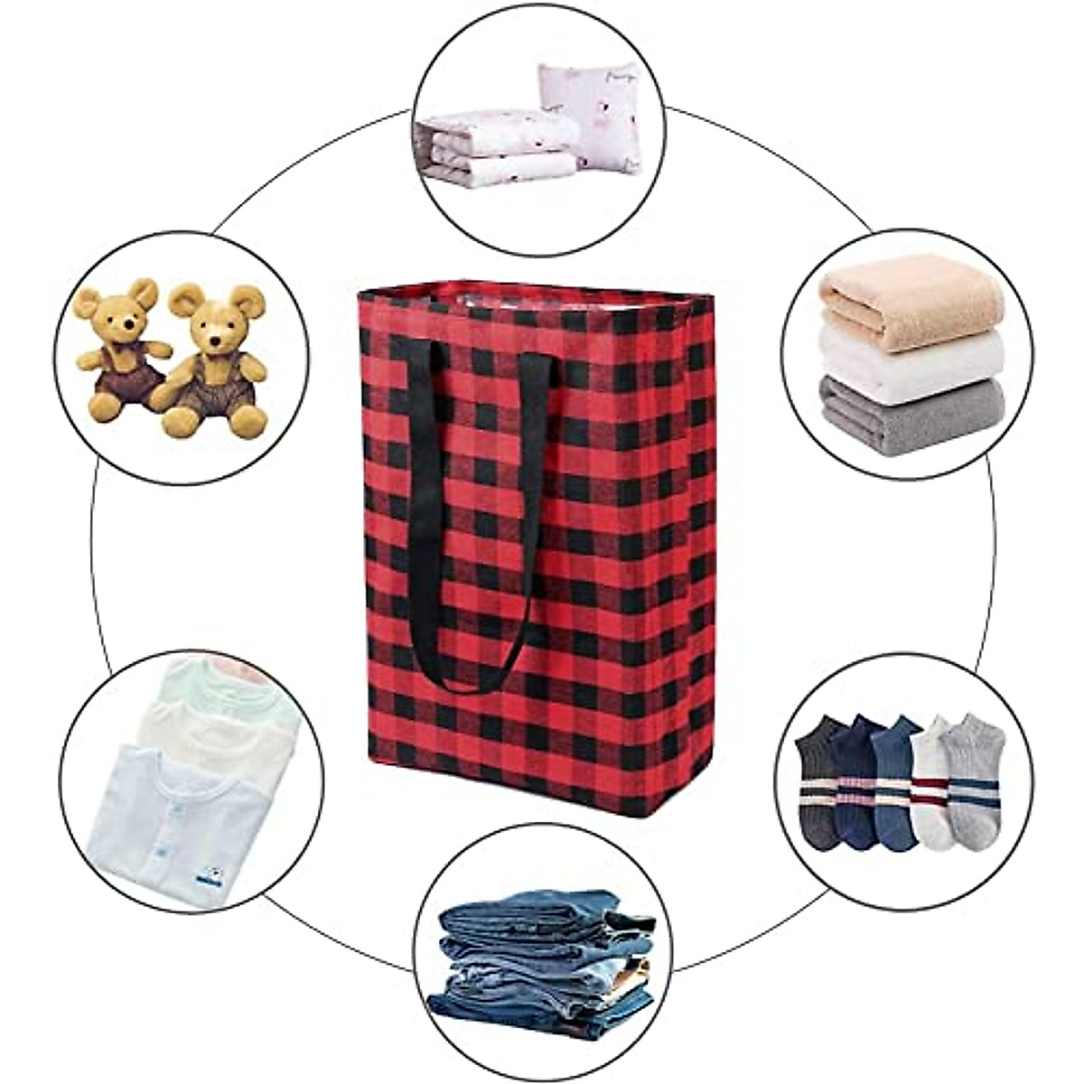 Collapsible Laundry Hamper Basket Freestanding Storage Basket Tall Slim Dirty Clothes Hamper with Detachable Brackets, Red Black Grid, Medium