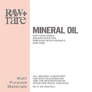 Raw Plus Rare Vegan Food Grade Mineral Oil, Safe for Wood Cutting Board, Butcher Block, Bamboo Cutting Board, and Knife Blade Oil, Cast Iron Tools Conditioner 32 oz