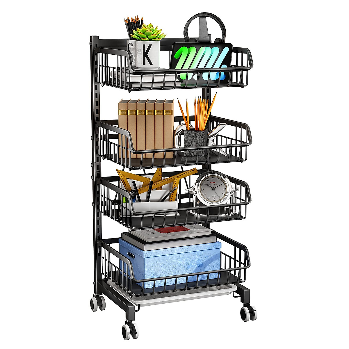 4 Tier Rolling Cart, Adjustable Metal Storage Utility Cart on Wheels for Office Kitchen Laundry Bathroom Bedroom, Black