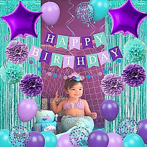 Mermaid Birthday Decorations Purple Teal Blue Party Balloons Happy Birthday Banner Dots Garland Purple Turquoise Green Fringe Curtain Pompom Swirls for Girl Women Birthday Baby Shower Party Decoration