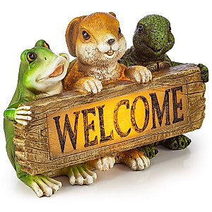 VP Home Backyard Friends Welcome Sign Frog Rabbit Turtle Solar Powered LED Outdoor Decor Garden Light Welcome gnome Statues Outdoor gnome decor Funny Figurine Decor for Outside Patio, Yard, Lawn