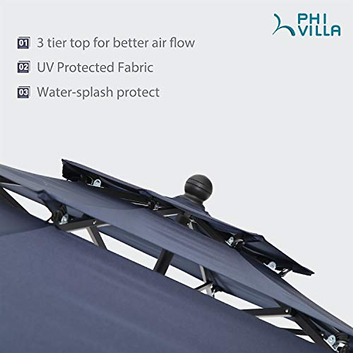 PHI VILLA 10ft Patio Umbrella Outdoor 3 Tier Vented Market Table Umbrella with 1.5" Aluminum Pole and 8 Sturdy Ribs, (Dark Blue)