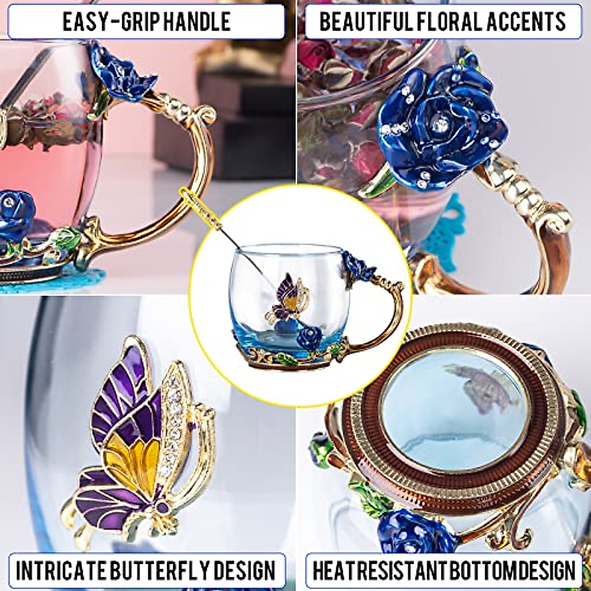 SHEEYEE Glass Coffee Mugs with Spoon, Enamel Butterfly Rose Flower Tea Cups with Decorative Handle Tea Sets for Women Gift 11 oz.(2 Sets)