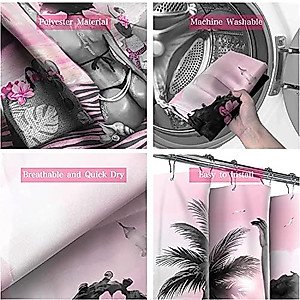 4Pcs American African Black Girl Shower Curtains Sets with Rugs for Bathroom Non-Slip Rugs and 12 Hooks, Bath Mat and Toilet Lid Cover ,Pink Beach Black Girl Bathroom