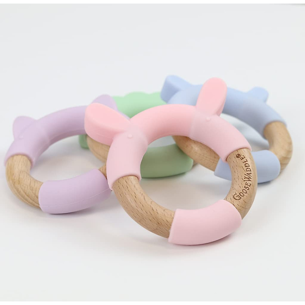GooseWaddle Luxury Wood Baby Teether, Natural Long Lasting Silicone Teething Toys for Infants Age 4+ Months, Relieve Baby Pain and Sore Gums, BPA Free and Chemical Free (Pink Rabbit)