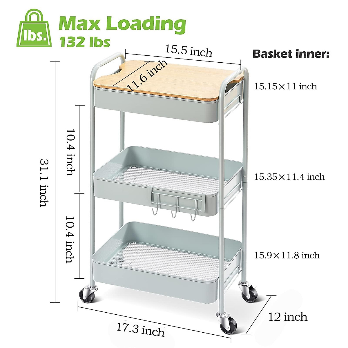 TOOLF 3 Tier Rolling Cart, Metal Utility Cart with Wheels & Wooden Top, Diaper Organizer Cart, Rolling Craft Storage Cart, Serving Trolley Cart for Kitchen, Office, Bathroom, Baby Nursery, Green