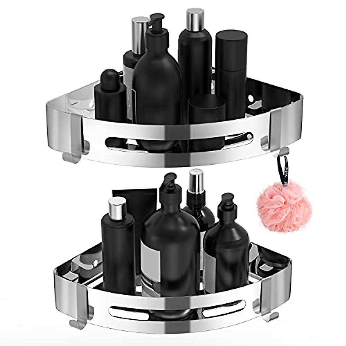 Shower Caddy Corner Bathroom Shelf with Hooks Shower Organizer No Drilling Wall Mounted Basket Rustproof Storage Rack with Adhesive for College Dorm Kitchen Toilet, 2 Pack Sliver