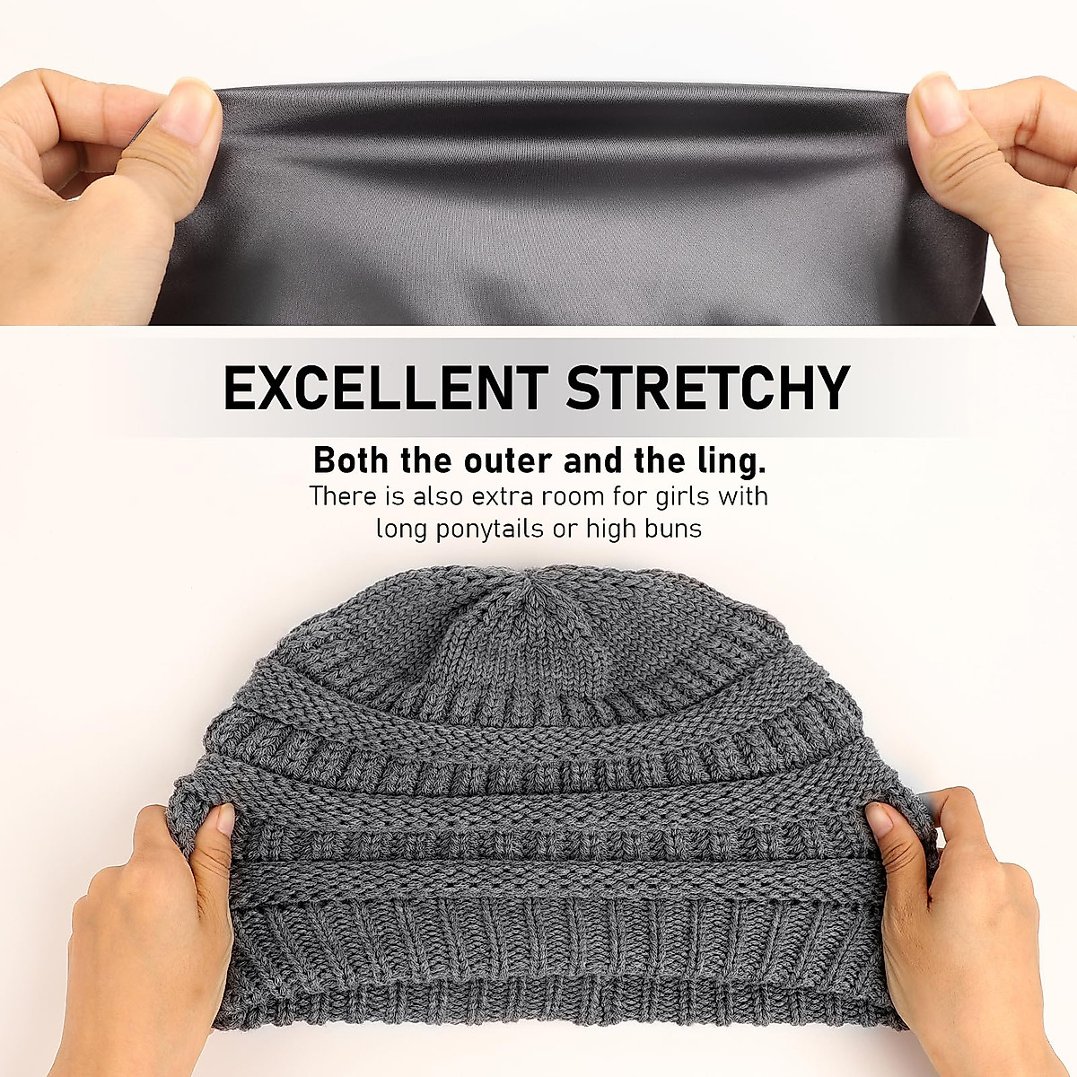 Womens Satin Lined Winter Beanie Hats Cable Knit Beanie for Men Silk Lining Thick Chunky Cap Soft Slouchy Warm Hat Dark Grey