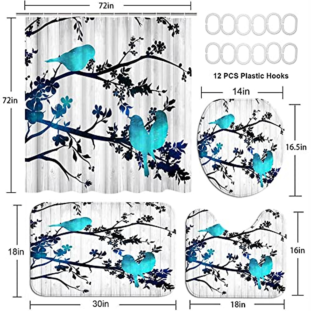 ArtKissMore Bird Tree Shower Curtain Set with Non-Slip Rugs Toilet Lid Cover and Bath Mat Flower Tree and Birds Animal Print Design Bathroom Curtains Fabric Decor with 12 Hooks