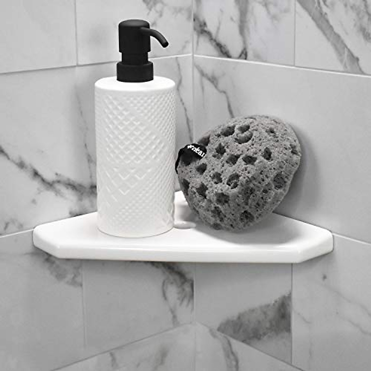 Questech Décor 8 Inch Corner Shower Shelf Bathroom Caddy, Lugged For New Construction, Corner Shower Shelf For Tiled Shower Walls, Corner Bathroom Shelf, 8 Inch Geo Lugged, Bright White Polished