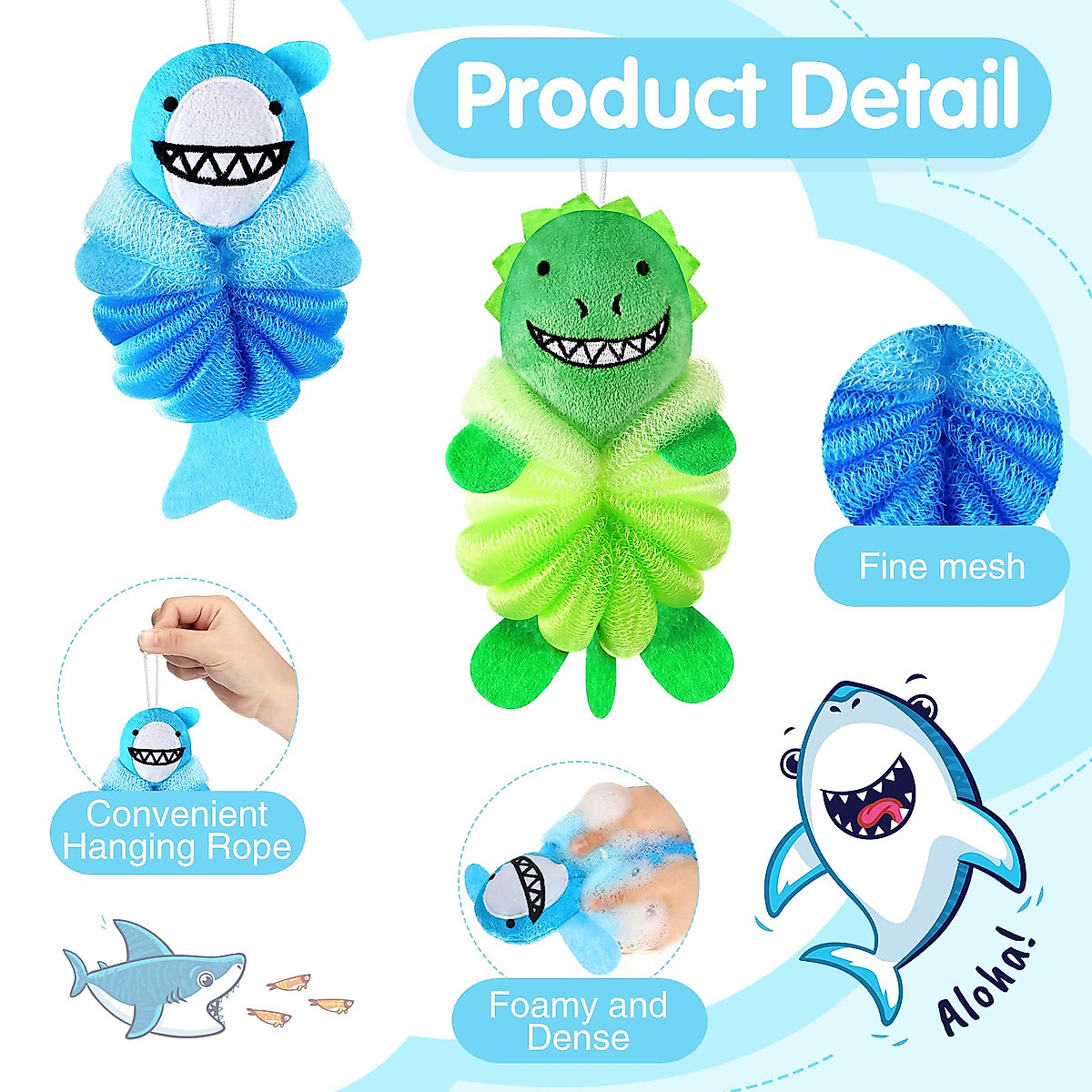 2 Pcs Bath Loofahs Kids Toddler Cute Cartoon Bath Sponges Loofah Bath Pouf Body Scrubber Mesh Loofah Sponges for Children Shower Washing Exfoliating (Animal)