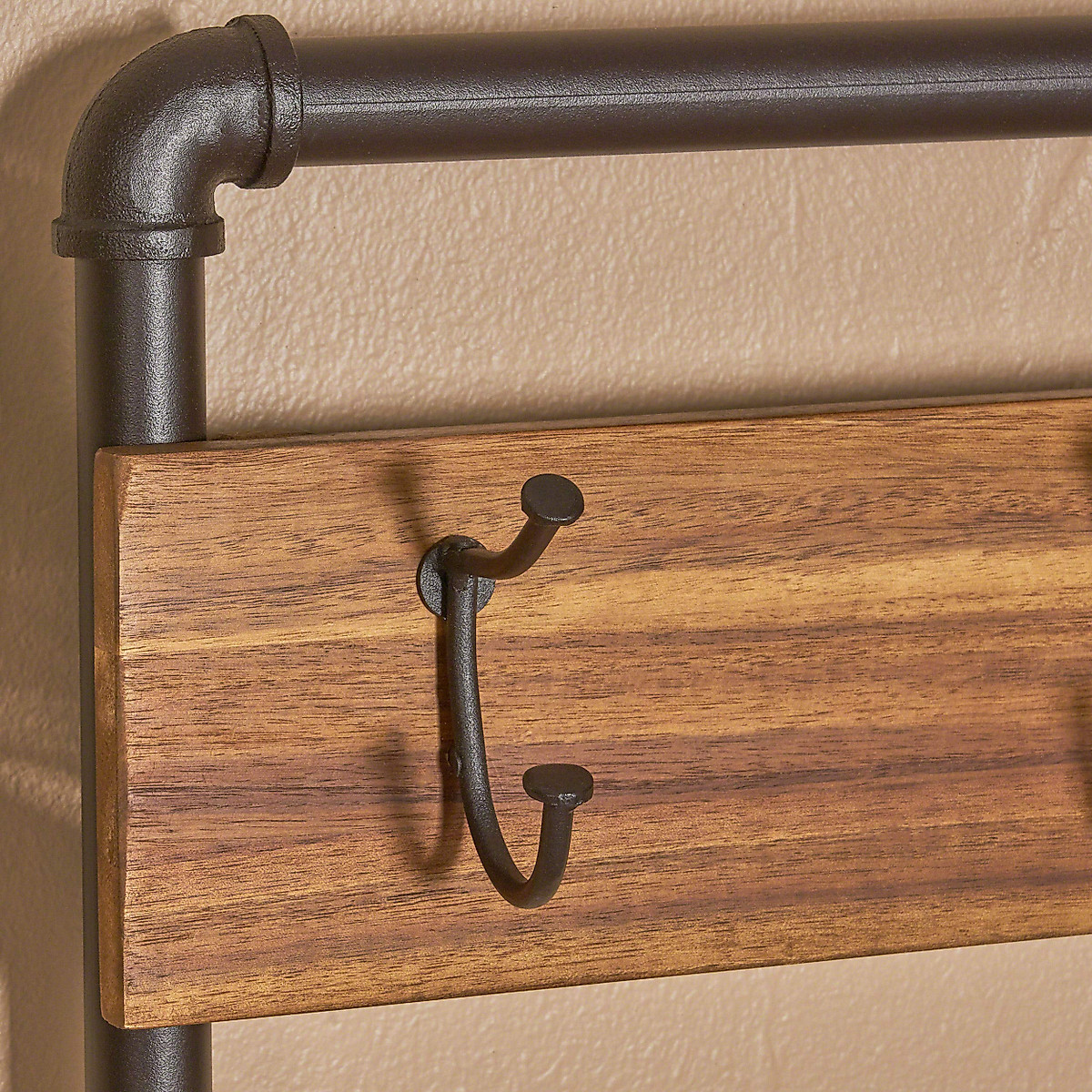 GDFStudio Outdoor Industrial Acacia Wood Bench with Shelf and Coat Hooks, Teak Finish