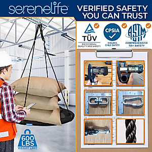 SereneLife 40" Saucer Swing - Outdoor Swing Set with Universal Hanging Kit, Swinging Seat Spinner with Pillow & Carry Bag, Weatherproof, Water-Resistant, Supports Up to 700 lbs, Black