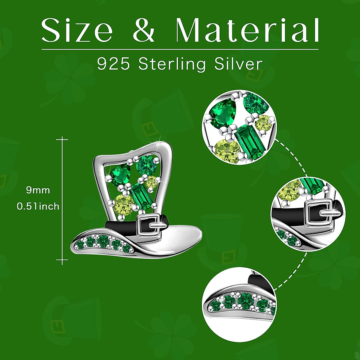 Hat Earrings for Women 925 Sterling Silver St Patrick Day Green Hat Stud Earrings with Cubic Zirconia Good Luck Symbol Jewelry for Mother's Day