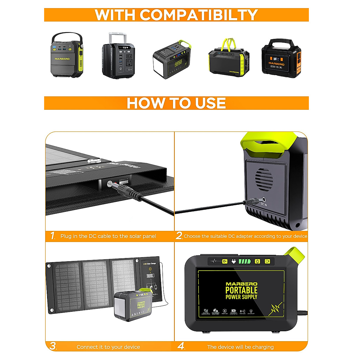 MARBERO Solar Panel 21W Foldable Solar Panel for Portable Power Station Solar Generator, iPhone, Ipad, Laptop, QC3.0 USB Ports & DC Output(3 Interchangeable Adapters) for Outdoor Camping Van RV Trip