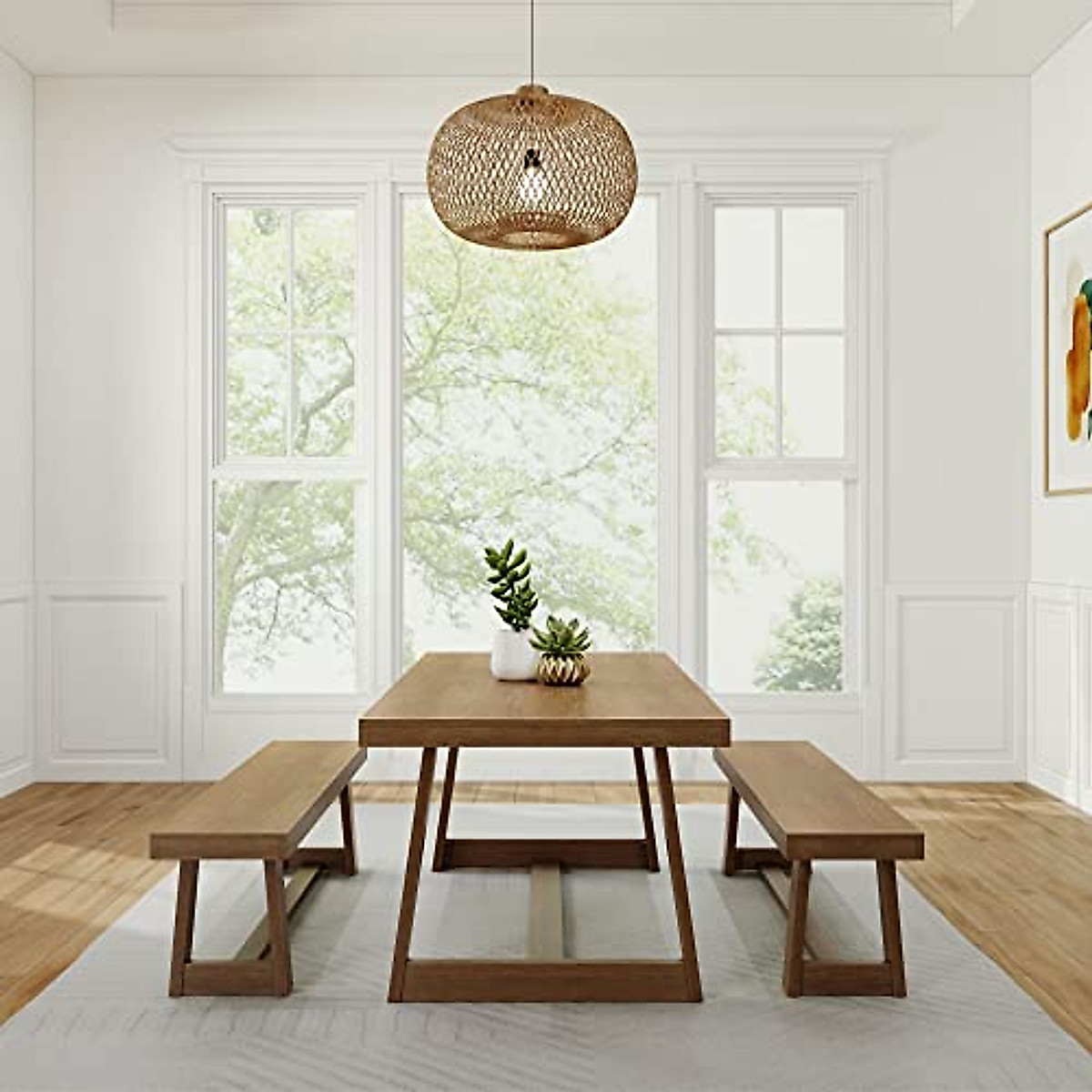 Plank+Beam Farmhouse Dining Table Set, Solid Wood Dining Table with 2 Benches for Dining Room/Kitchen, Pecan Wirebrush